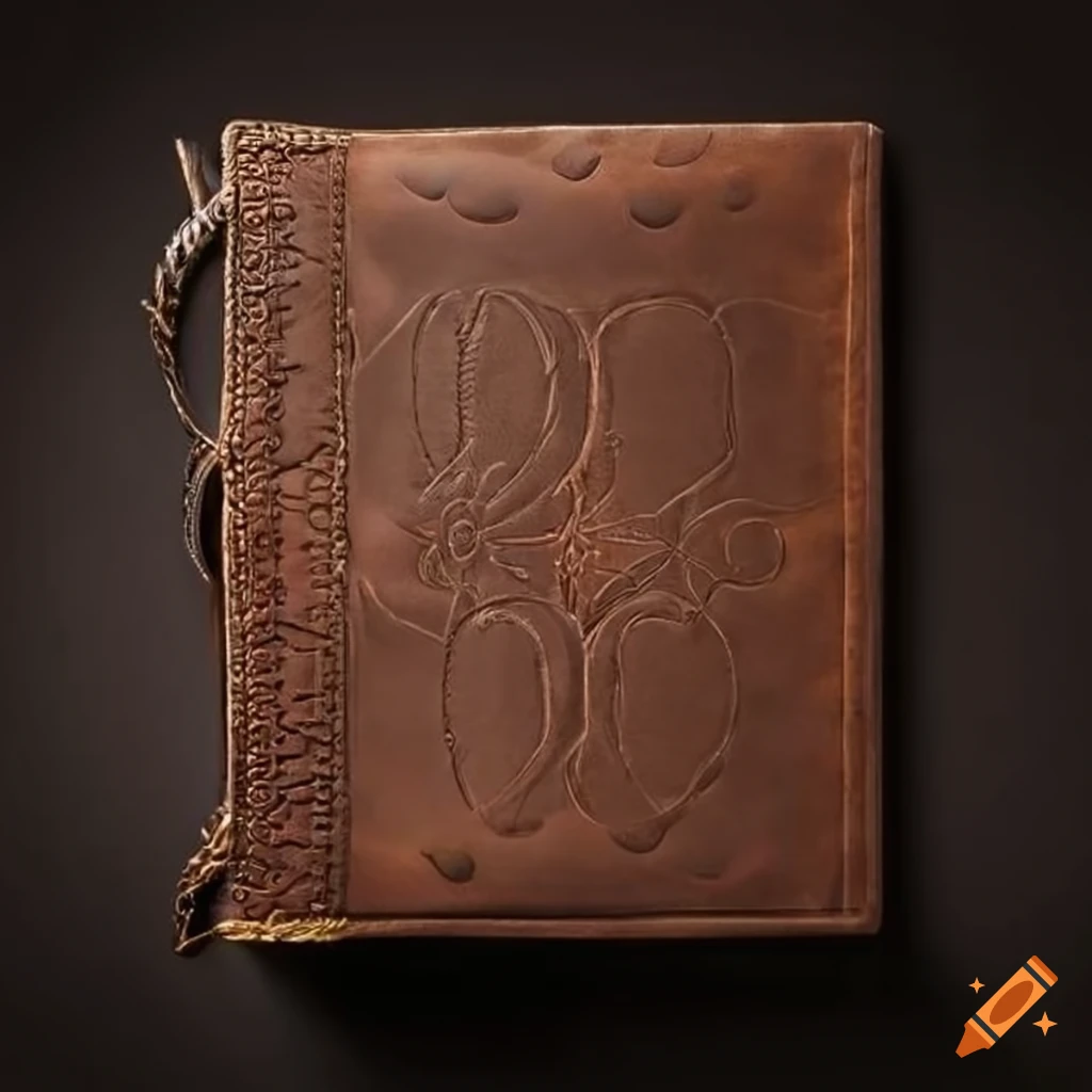 Intricate leather-bound ledger filled with items on Craiyon