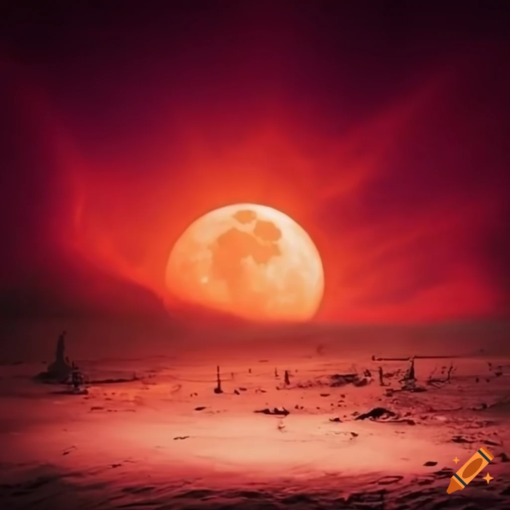 Apocalypse scene with red moon, sandy landscape, and dramatic clouds on ...
