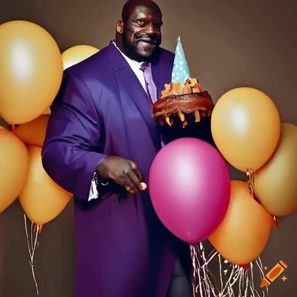 Shaquille O'Neal celebrating birthday with balloons and cake on Craiyon