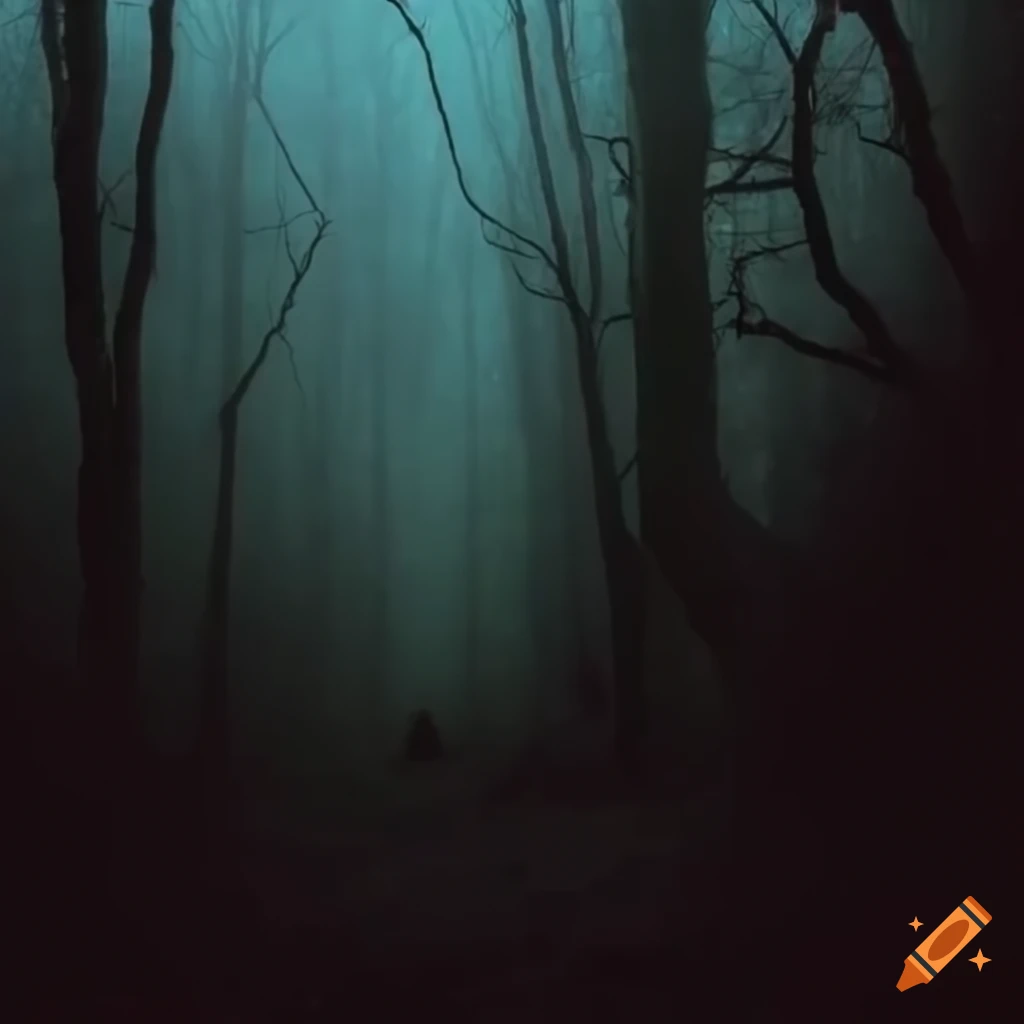 Creepy monster with thin limbs in a foggy, dark forest on Craiyon