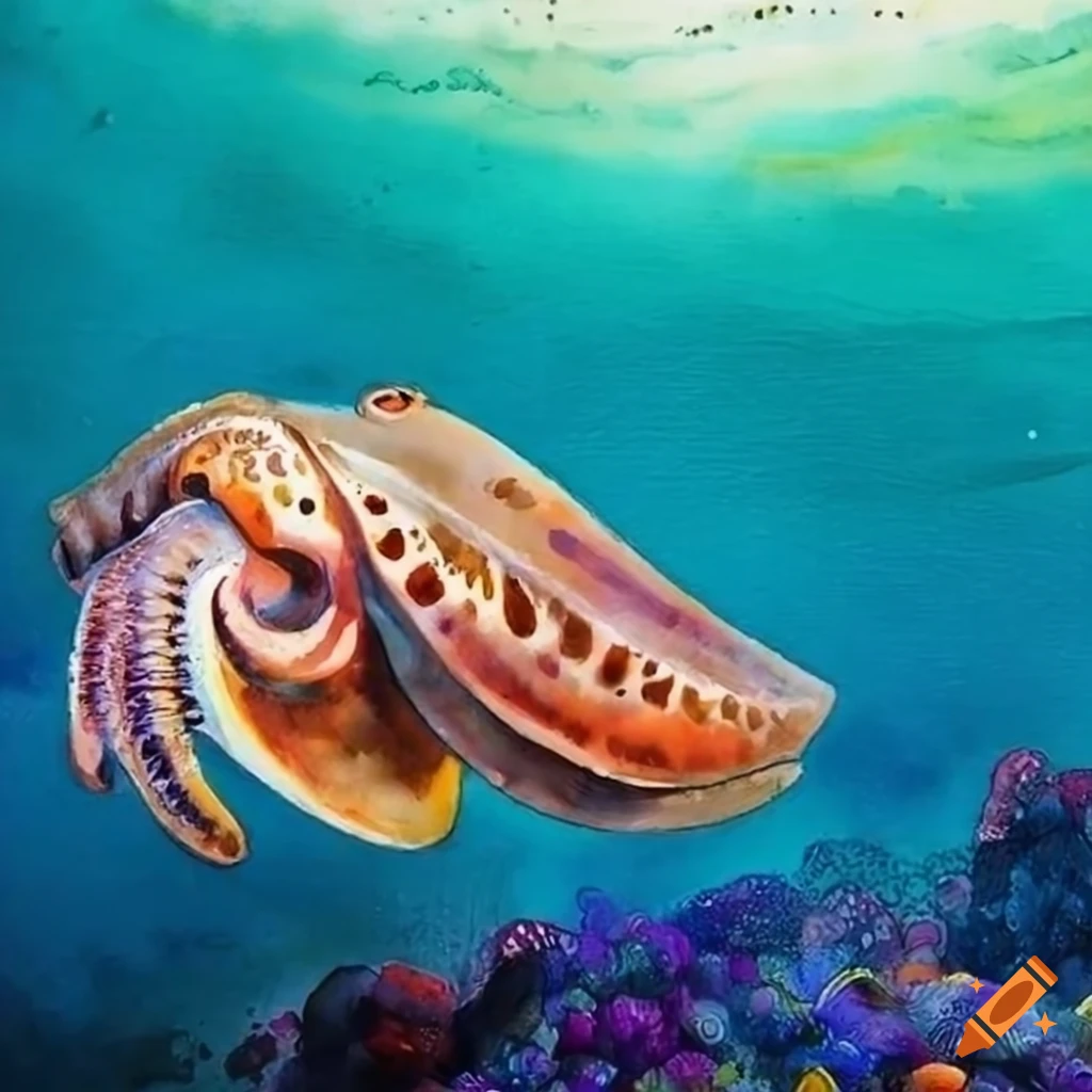 Cuttlefish in a colorful ocean seascape watercolor painting on Craiyon