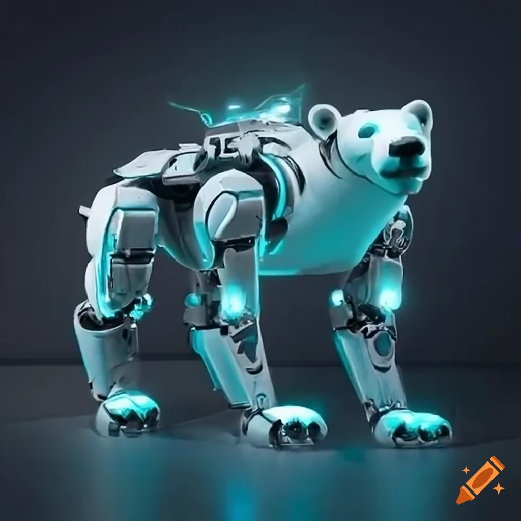 Mechanical robotic polar bear with glowing eyes on Craiyon