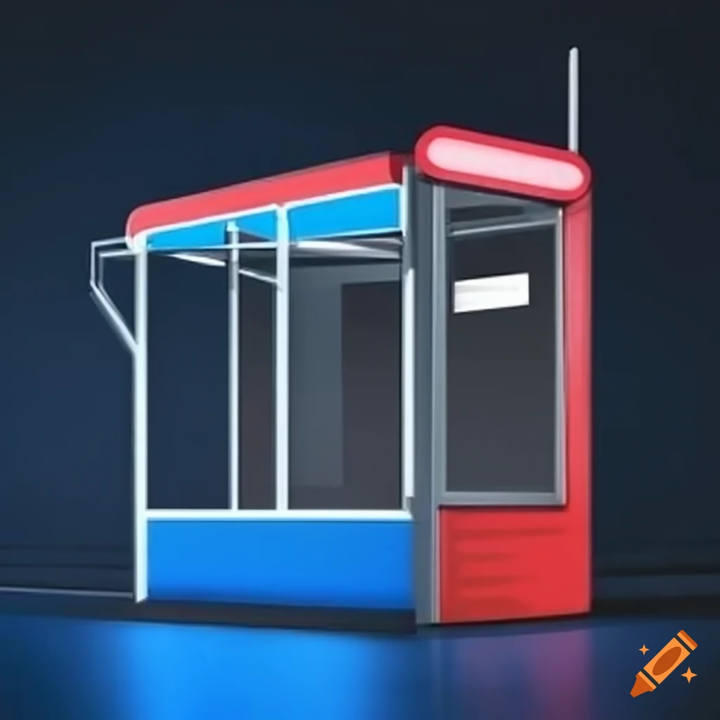 Modern enclosed bus stop shelter with seating, lights, and map in ...