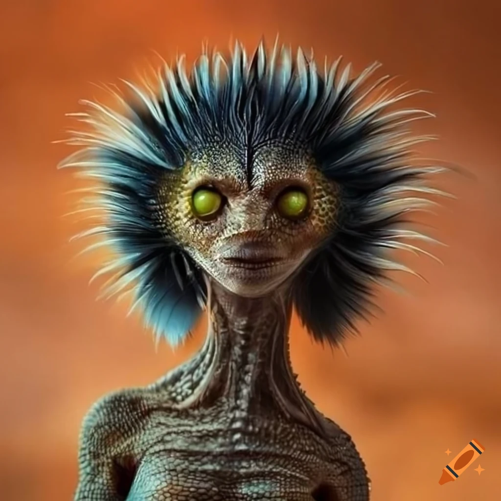 Exotic female human-lizard hybrid with black feather hair and yellow ...