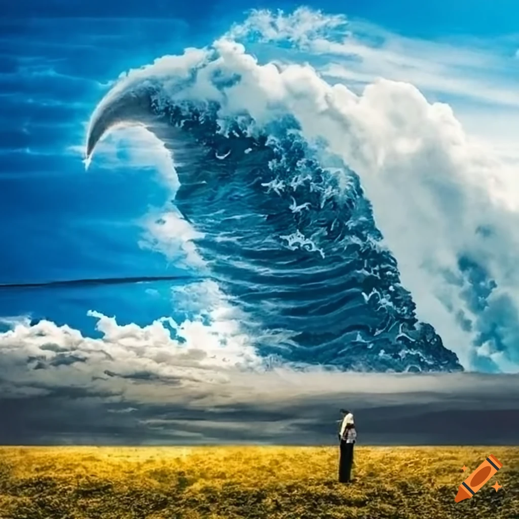 Surreal collage with a big wave, tornado, and huge birds in the sky on ...
