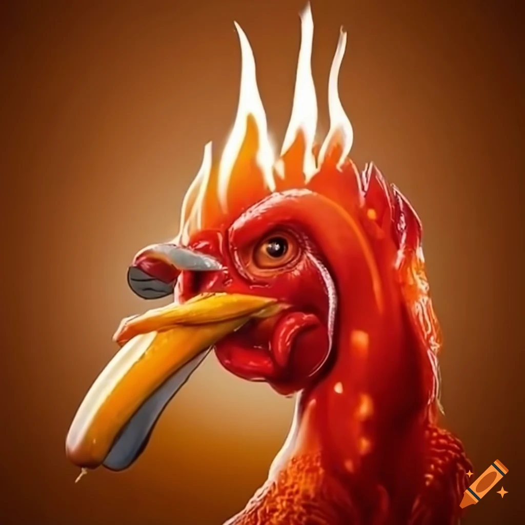 Angry chicken surrounded by flames and hot sauce on Craiyon