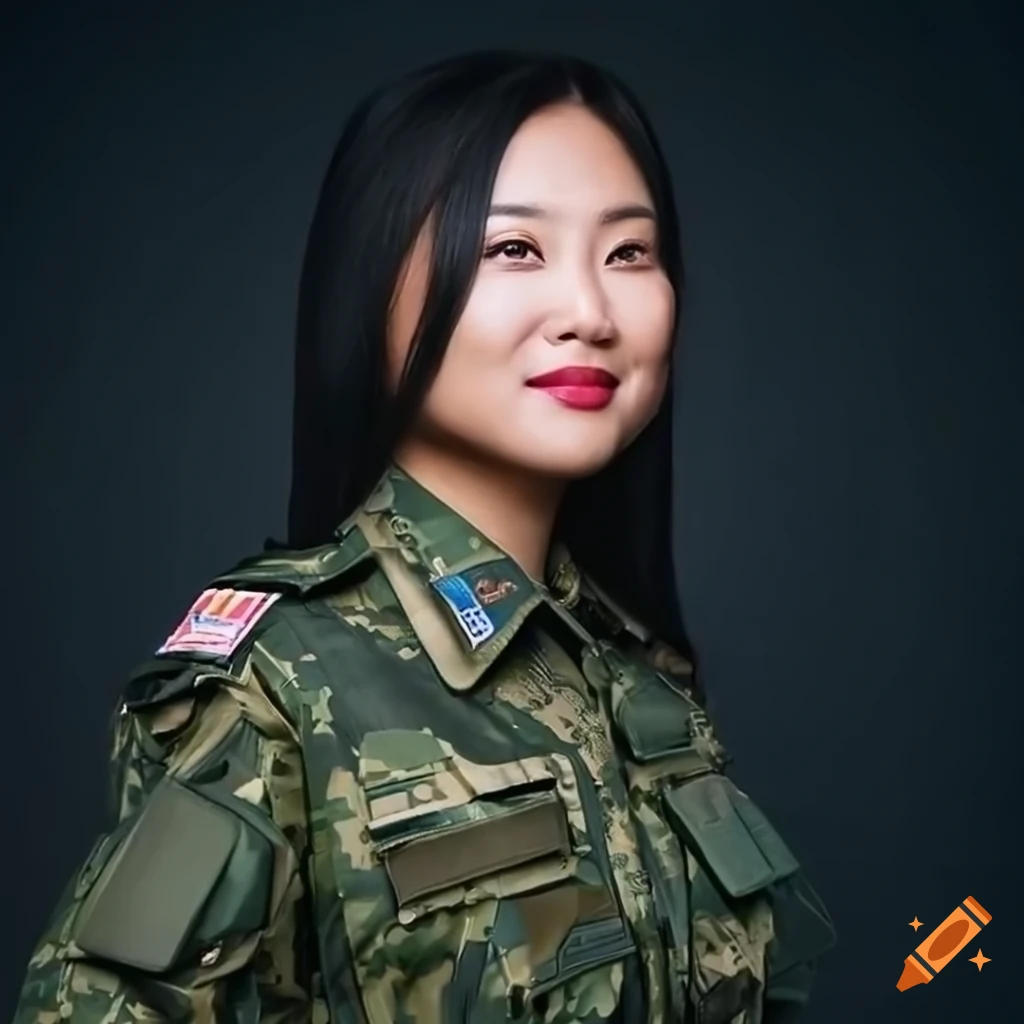 Close-up, photorealistic portrait of an asian lady in military uniform on Craiyon