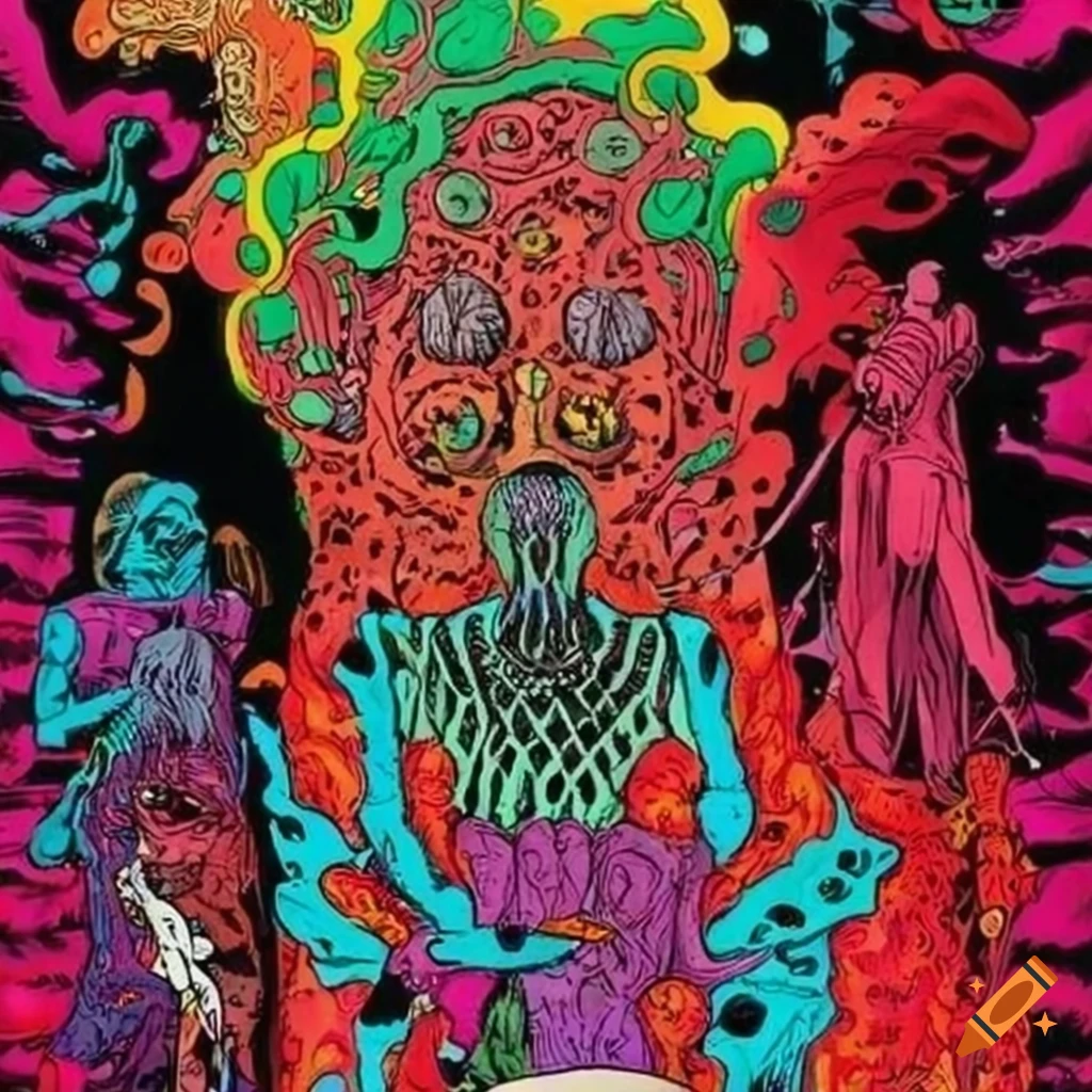 Trippy psychedelic comic book cover art on Craiyon