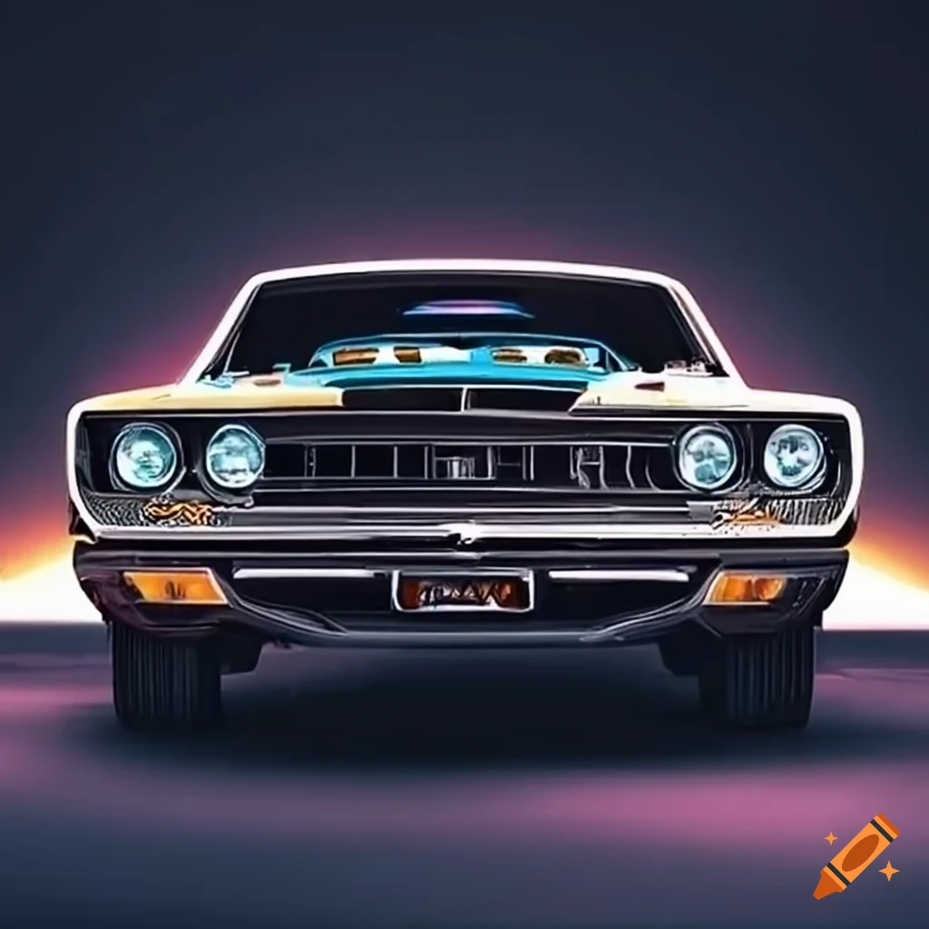 Muscle car with various decals speeding into the horizon on Craiyon