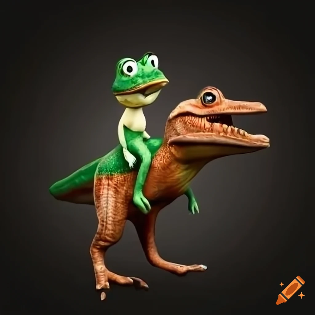 Playful frog riding a T-Rex dinosaur in an imaginative setting on Craiyon