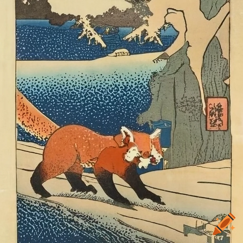 Ukiyo-e woodblock print of a red panda in traditional Japanese art ...