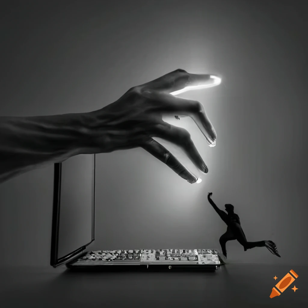 Helping hand emerging from a computer screen to lift a person from a ...