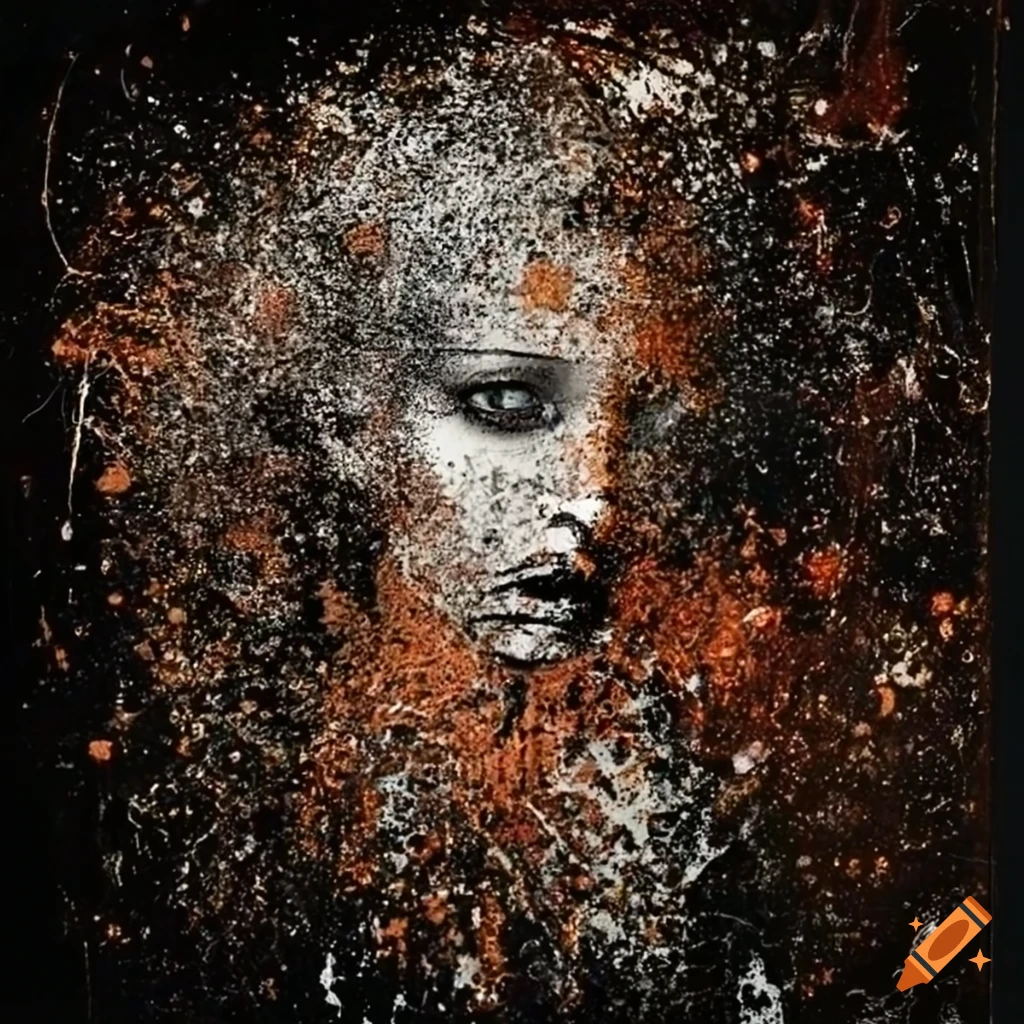 Abstract splatter painting of woman surrounded by exotic flowers and ...