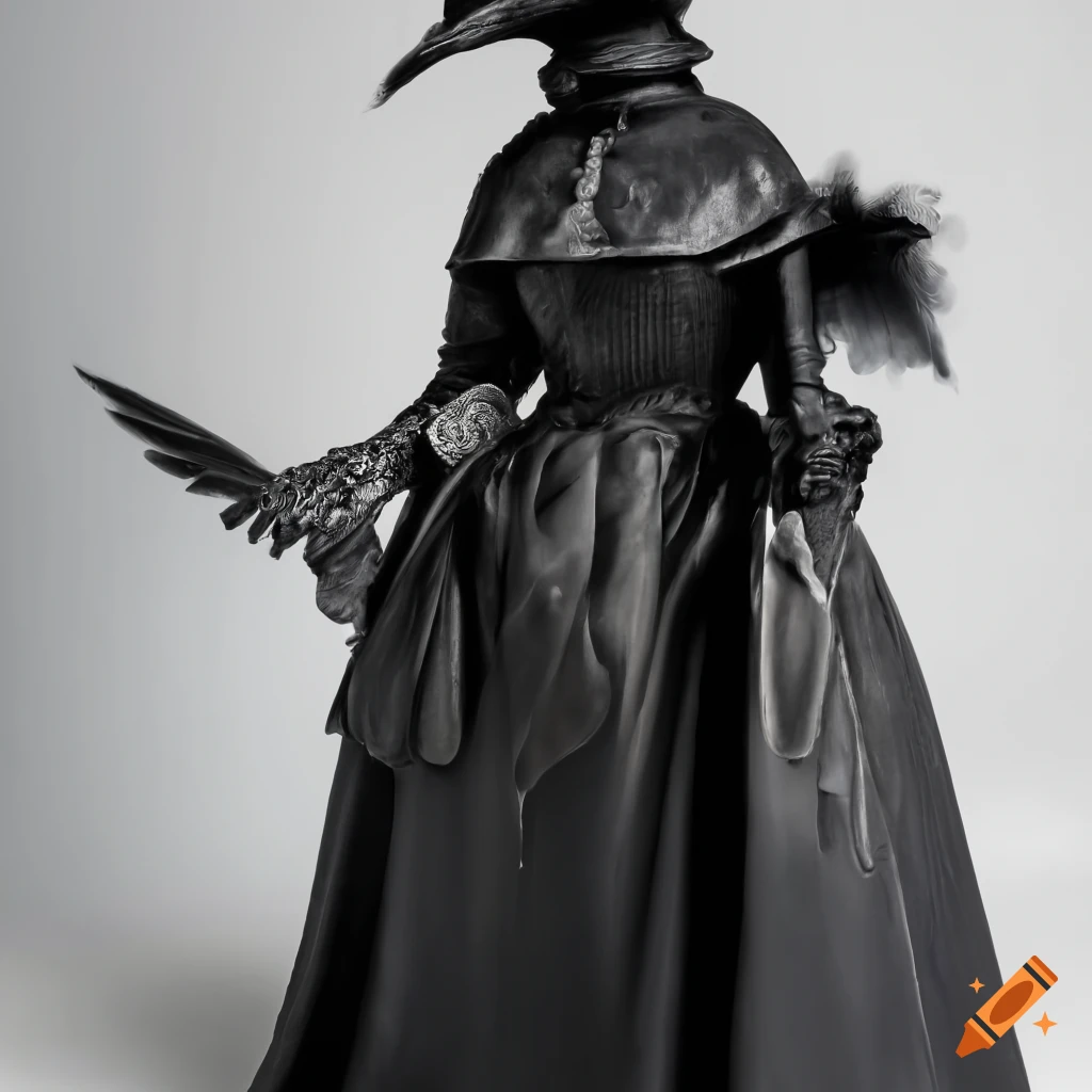 Female plague doctor with black-feathered bird on shoulder on Craiyon