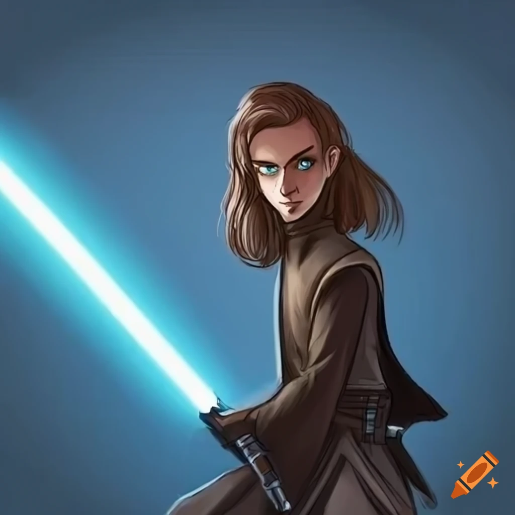 Young jedi with blue lightsaber in defensive stance on Craiyon