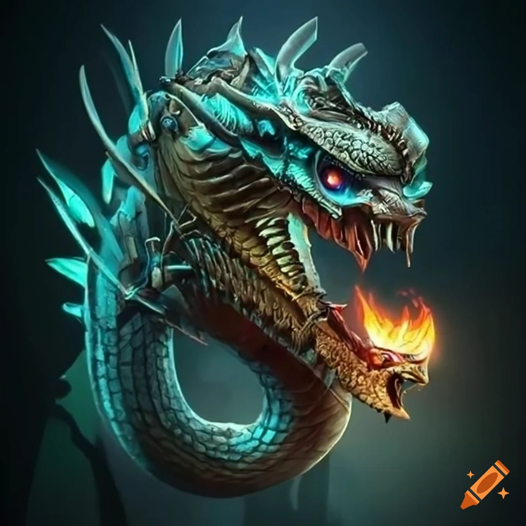 Intricately detailed mechanical winged serpent with glowing eyes on Craiyon