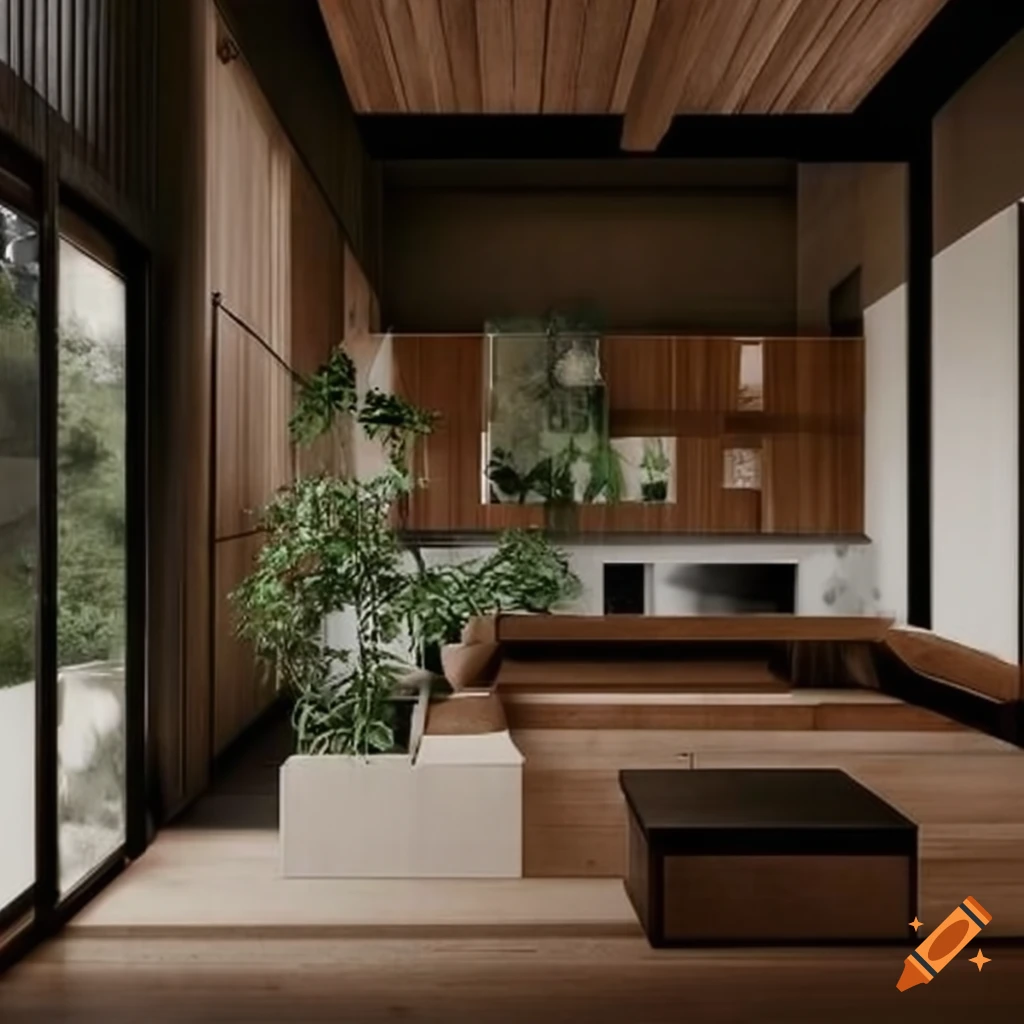 Rendered modern-rustic interior design with contemporary elements and ...