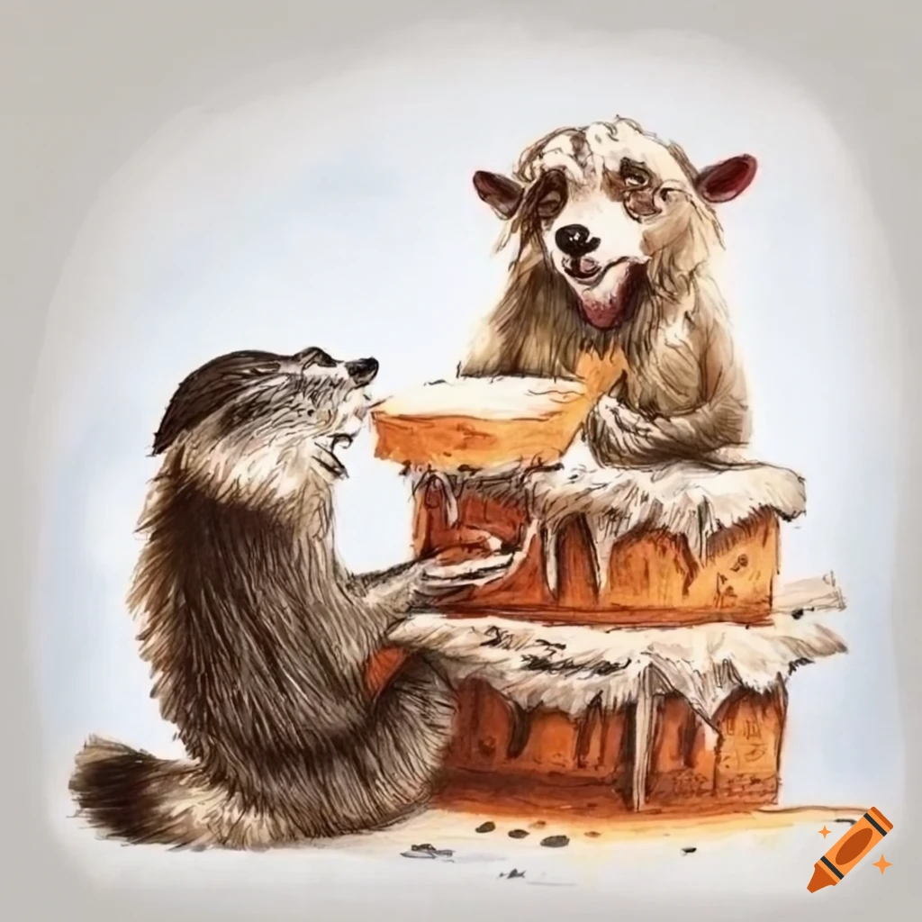 Goat and raccoon baking a cake in a pencil drawing on Craiyon