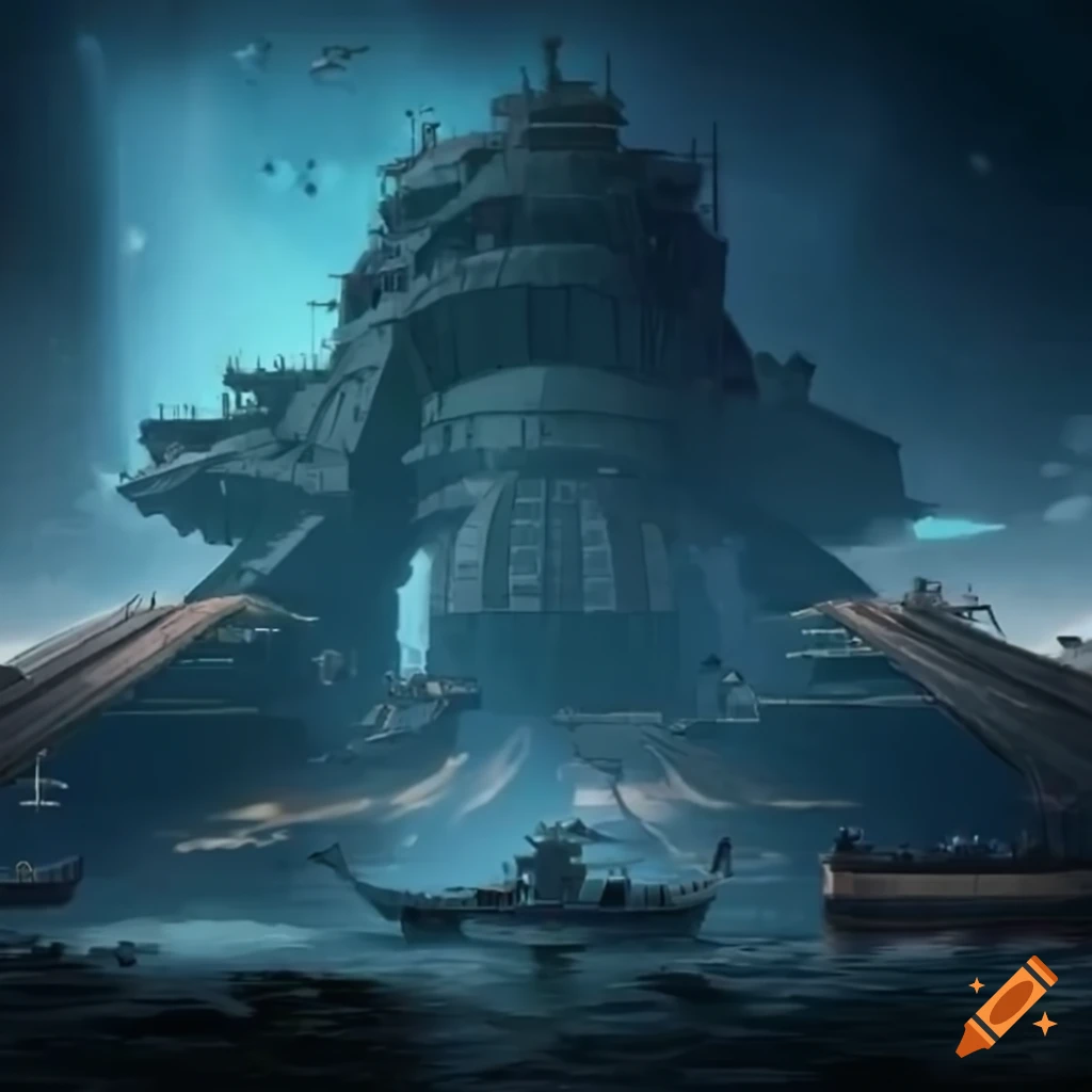 Anime-style massive naval base on Craiyon