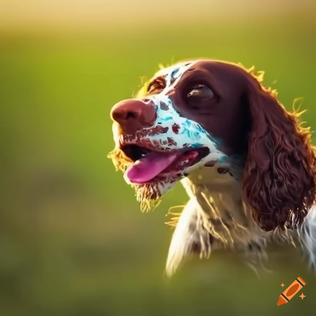 Joyful springer spaniel playing in a green field with focused ...