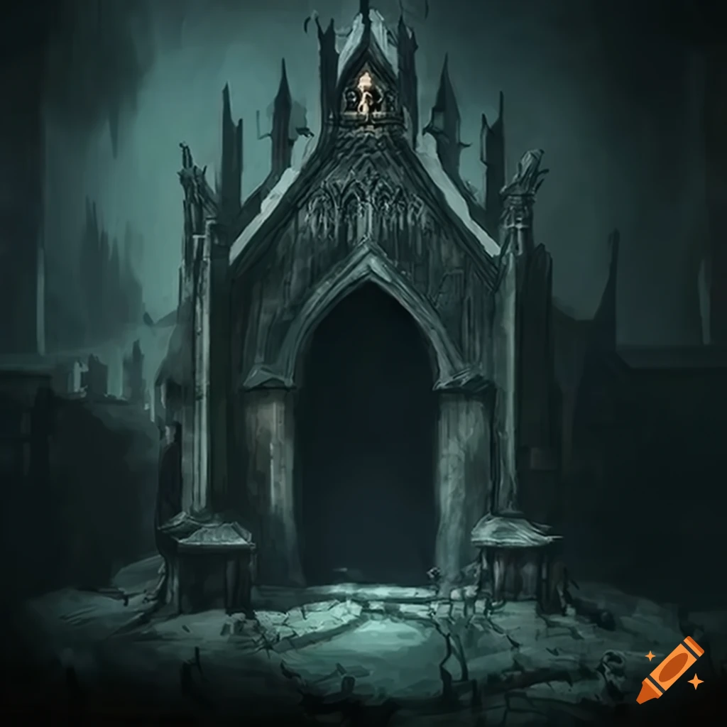 Detailed dark entrance of a church in a diablo-style rpg setting on Craiyon