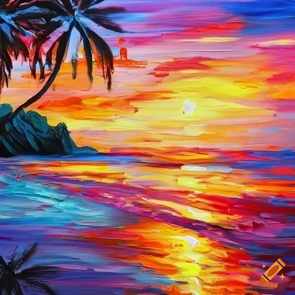 Tropical beach sunset in vibrant oil painting on Craiyon