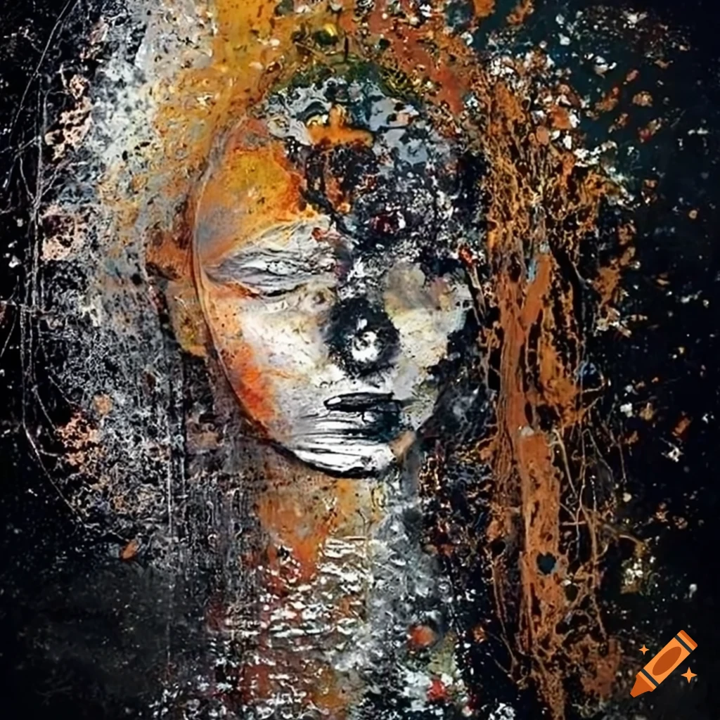 Abstract splatter painting of woman surrounded by exotic flowers and ...