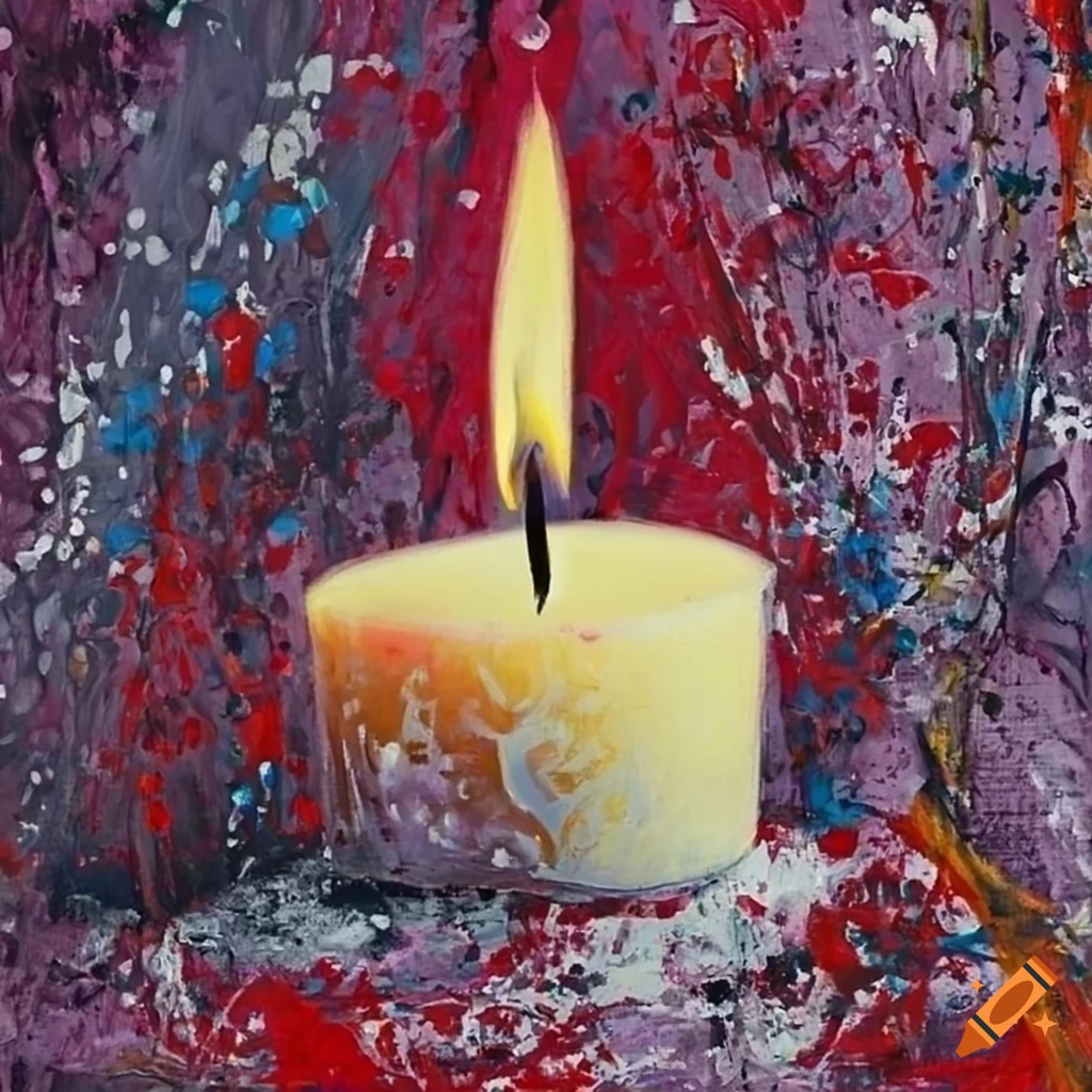 Still life abstract splatter painting with candle silver and white ...
