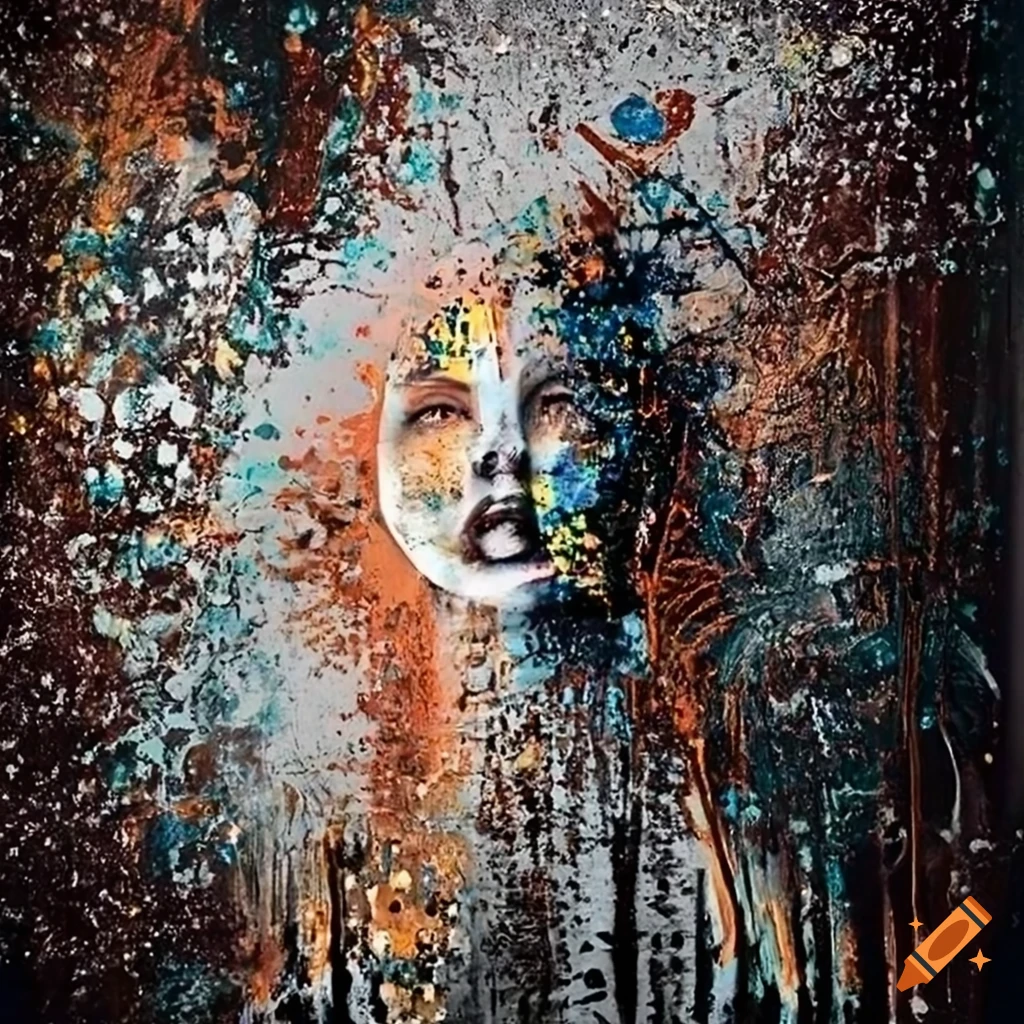 Abstract splatter painting with silver, copper, and white splashes of a ...
