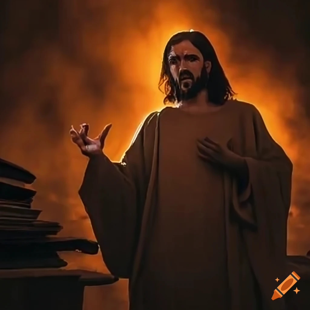 Angry jesus with burning books and censored texts on Craiyon