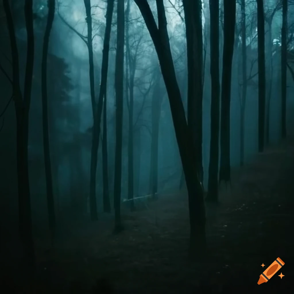 Eerie foggy haunted forest in the dark night atmosphere on Craiyon