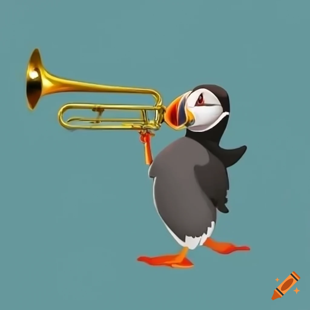 Cartoon Puffin playing a brass trombone on Craiyon