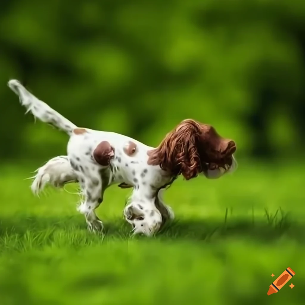 Joyful springer spaniel playing in a green field on Craiyon