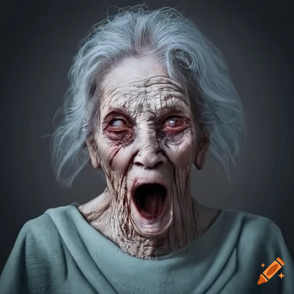 Creepy old woman with a twisted open mouth on Craiyon