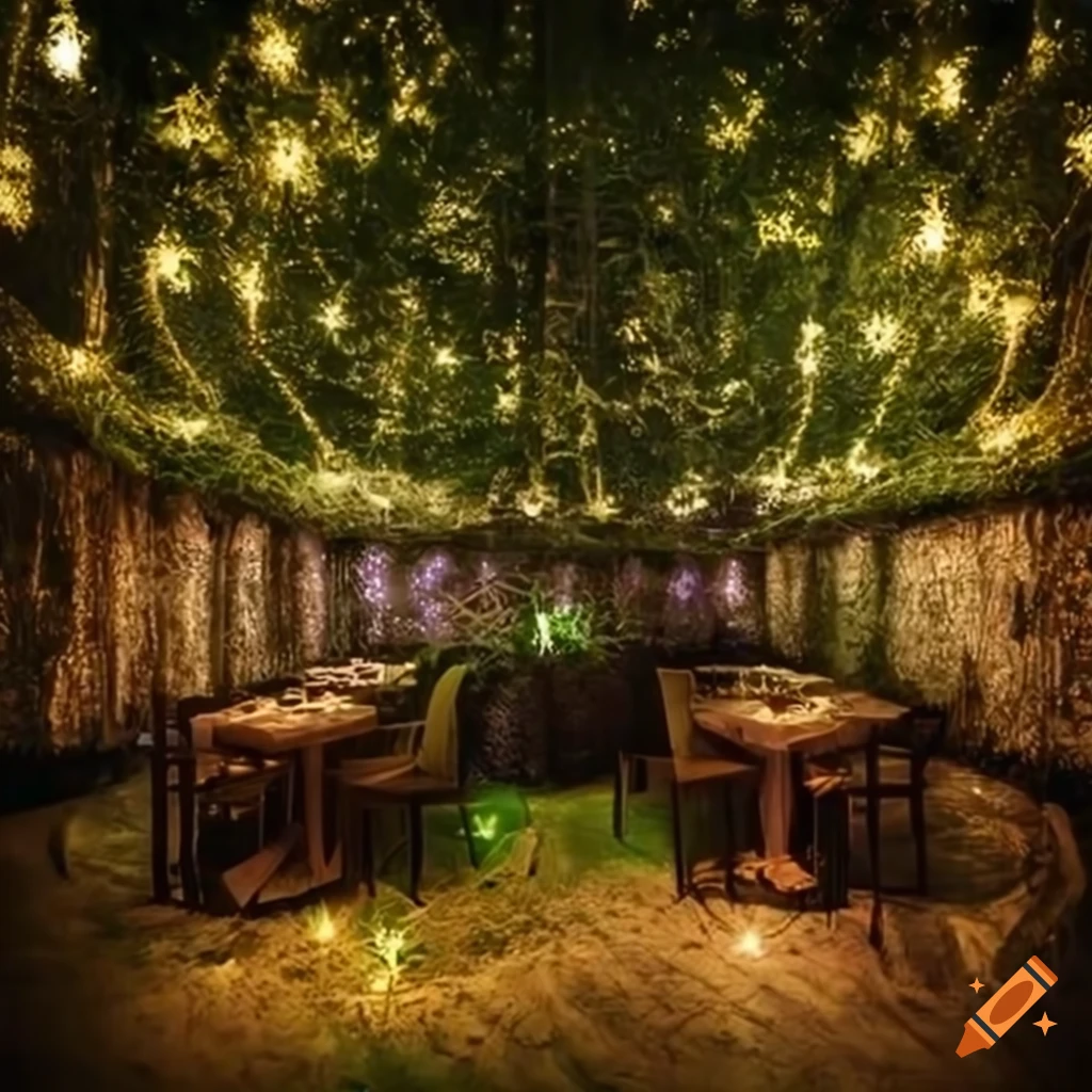 Magic forest-themed restaurant with fairy lights and trees on Craiyon
