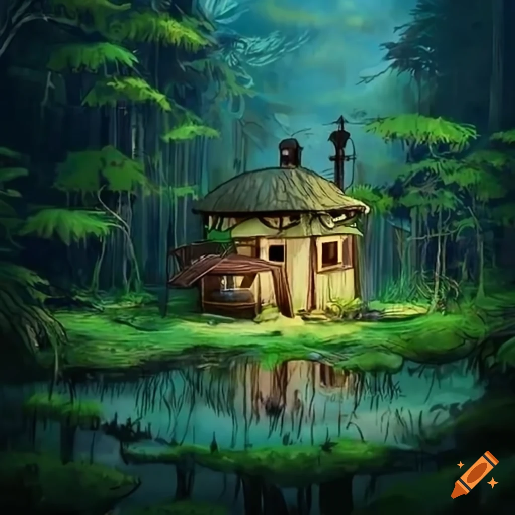 House inside a tree in a swamp inspired by Studio Ghibli films on Craiyon