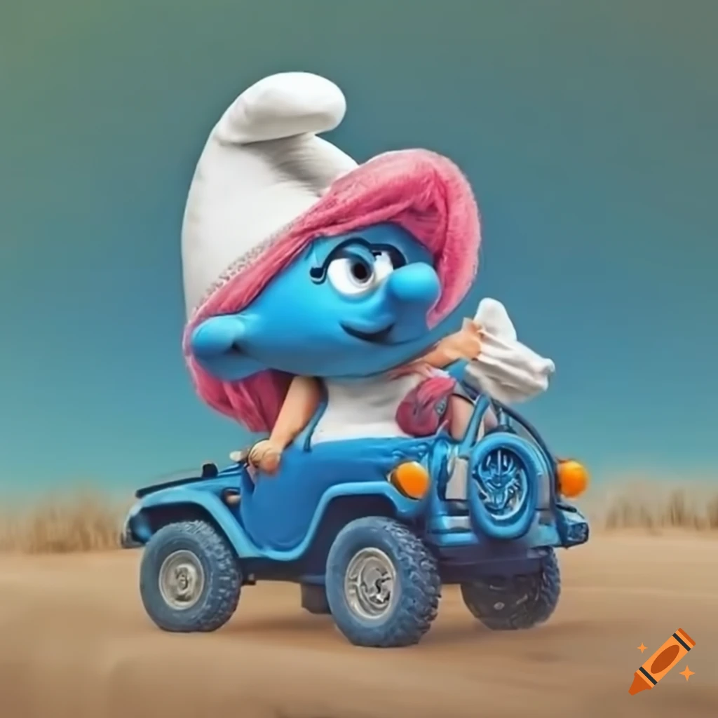 Pink-haired Smurfette smiling and driving a blue Jeep Wrangler on a ...