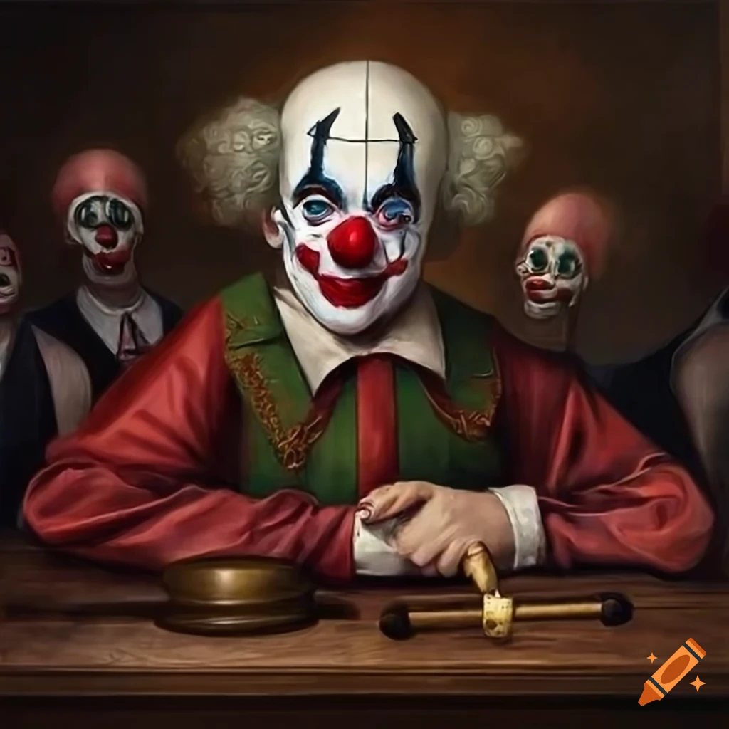 Surreal nightmare with a clown judge holding a gavel in a crowded ...