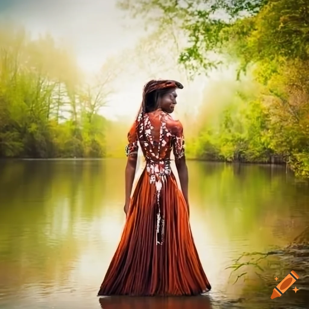 Elegant aboriginal woman in traditional dress overlooking a serene ...