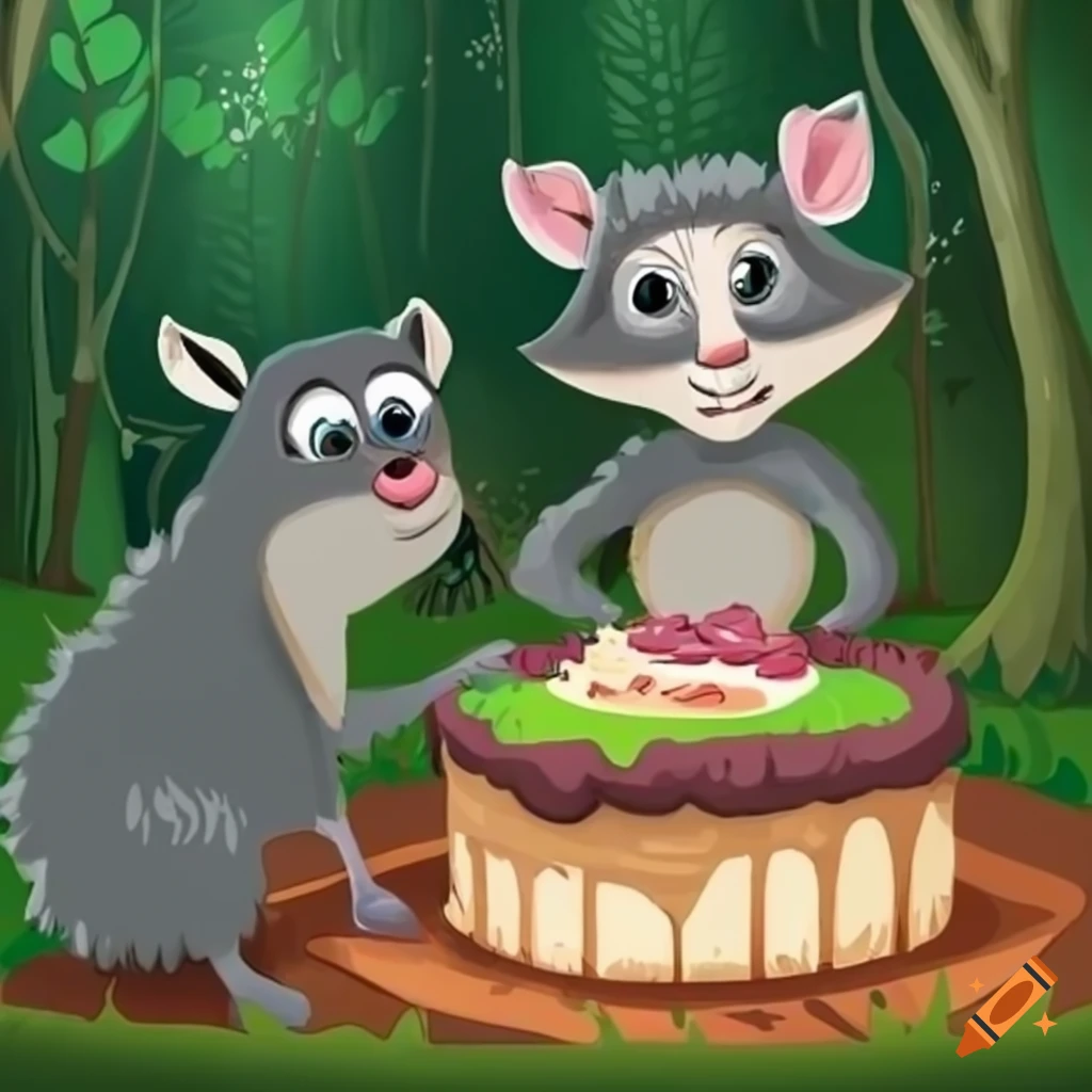 Whimsical cartoon of a goat and raccoon baking a cake in the woods on ...