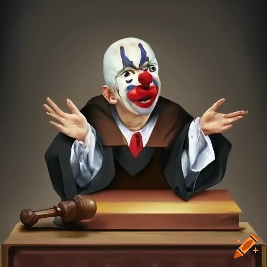 Clown judge with gavel in a surreal courtroom scene on Craiyon