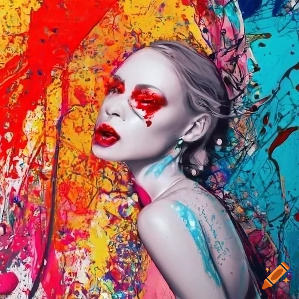 Abstract splatter painting in silver, white, pink, orange, acid blue ...