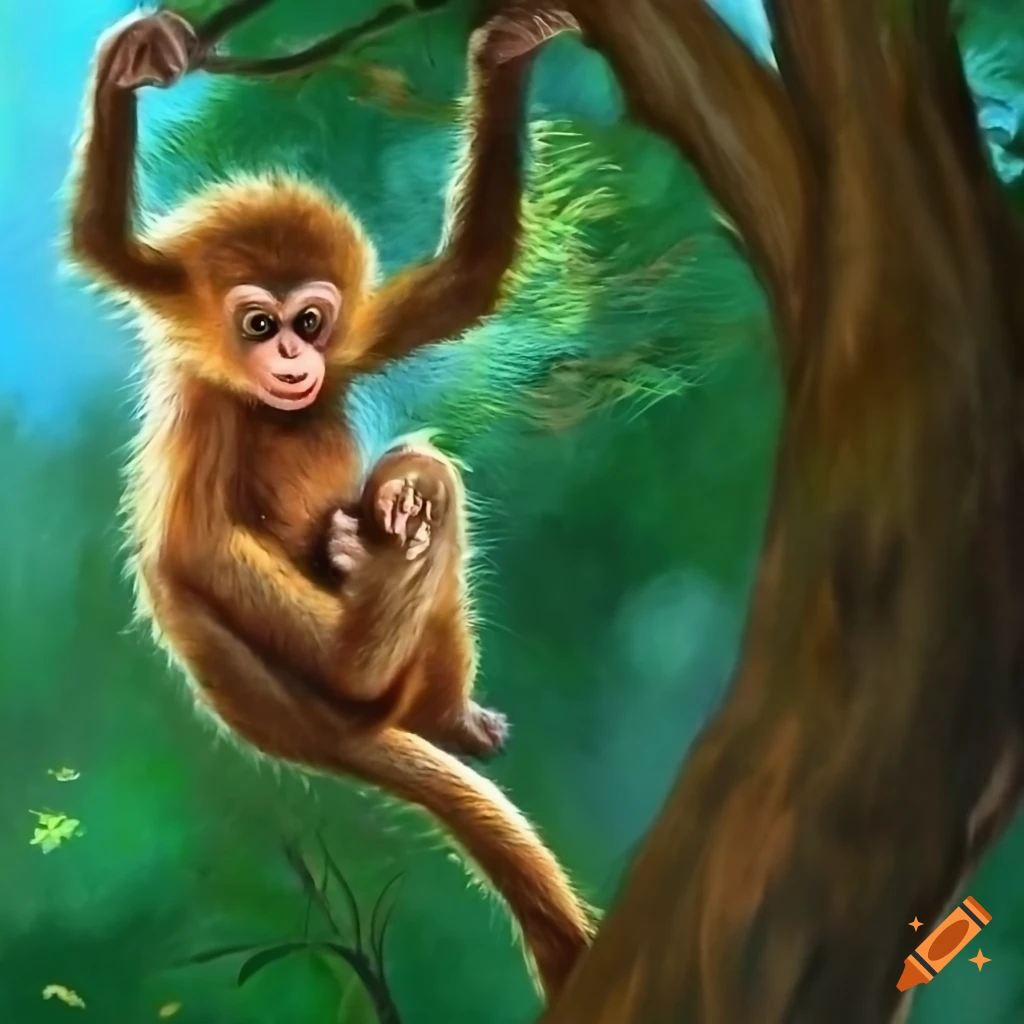 Max the monkey swinging happily through the jungle trees on Craiyon