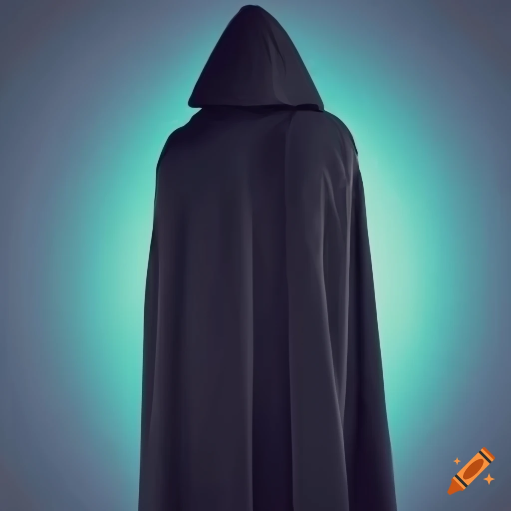 Man wearing black hooded cape facing away against a light background on ...