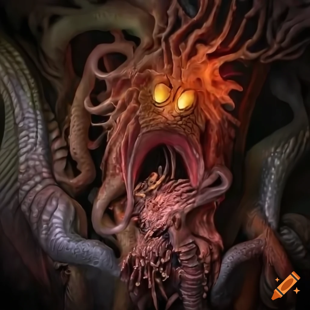 Eldritch abomination breathing fire with tentacles in hyperrealistic ...