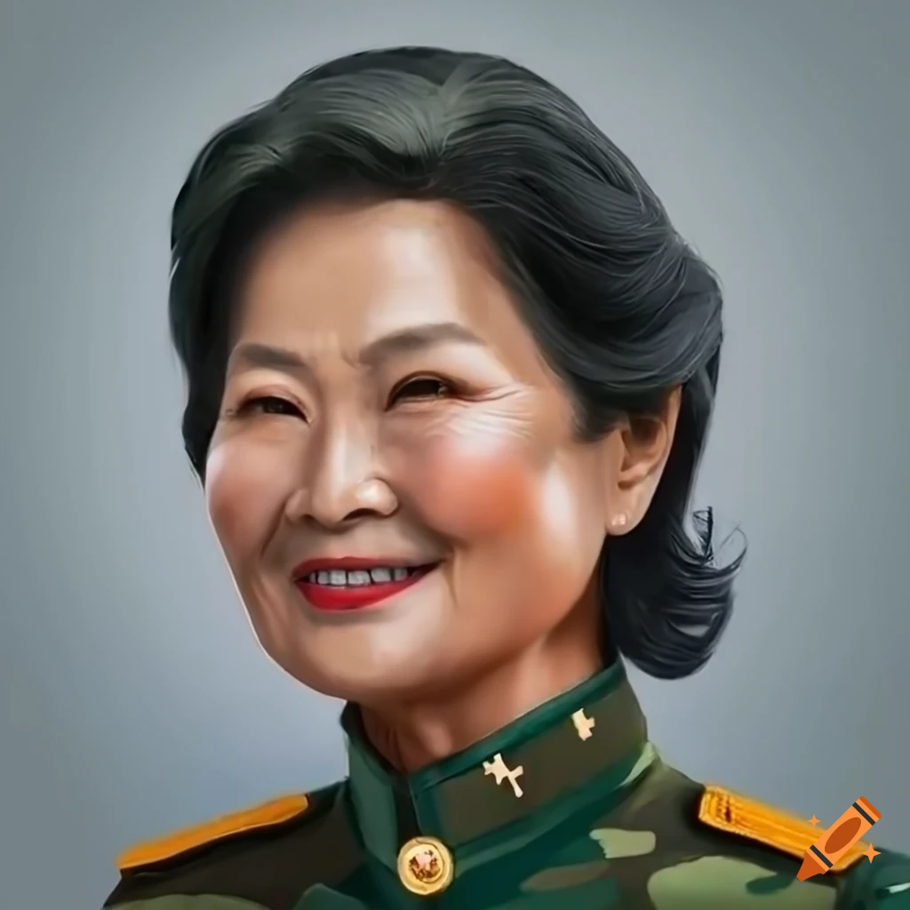Close-up portrait of a scowling Asian lady in military uniform on Craiyon