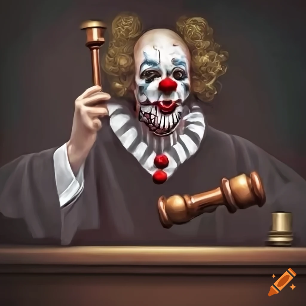 Nightmare clown judge in a surreal courtroom scene with a gavel on Craiyon