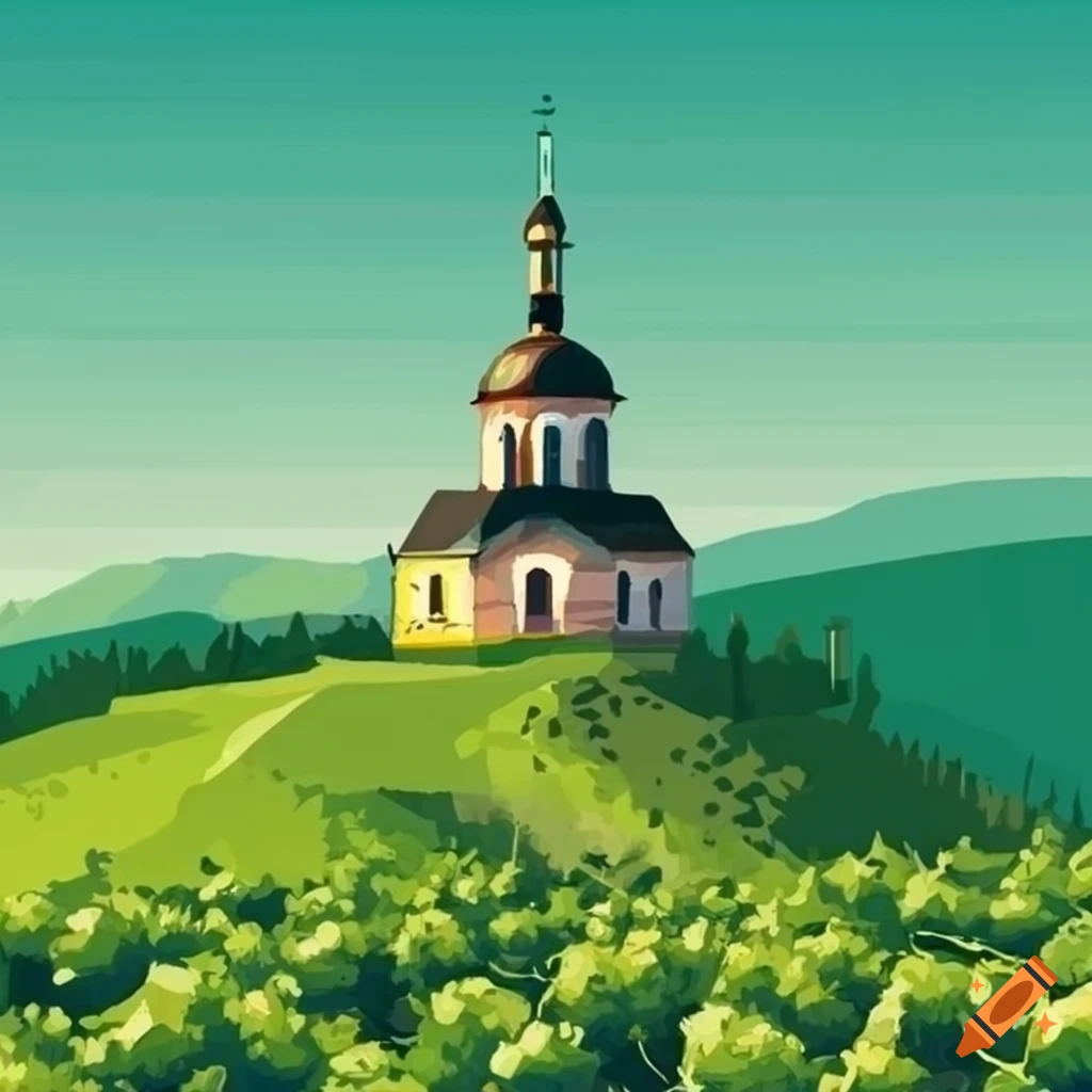 Traditional Ukrainian village with a church on a hill amid hop fields ...
