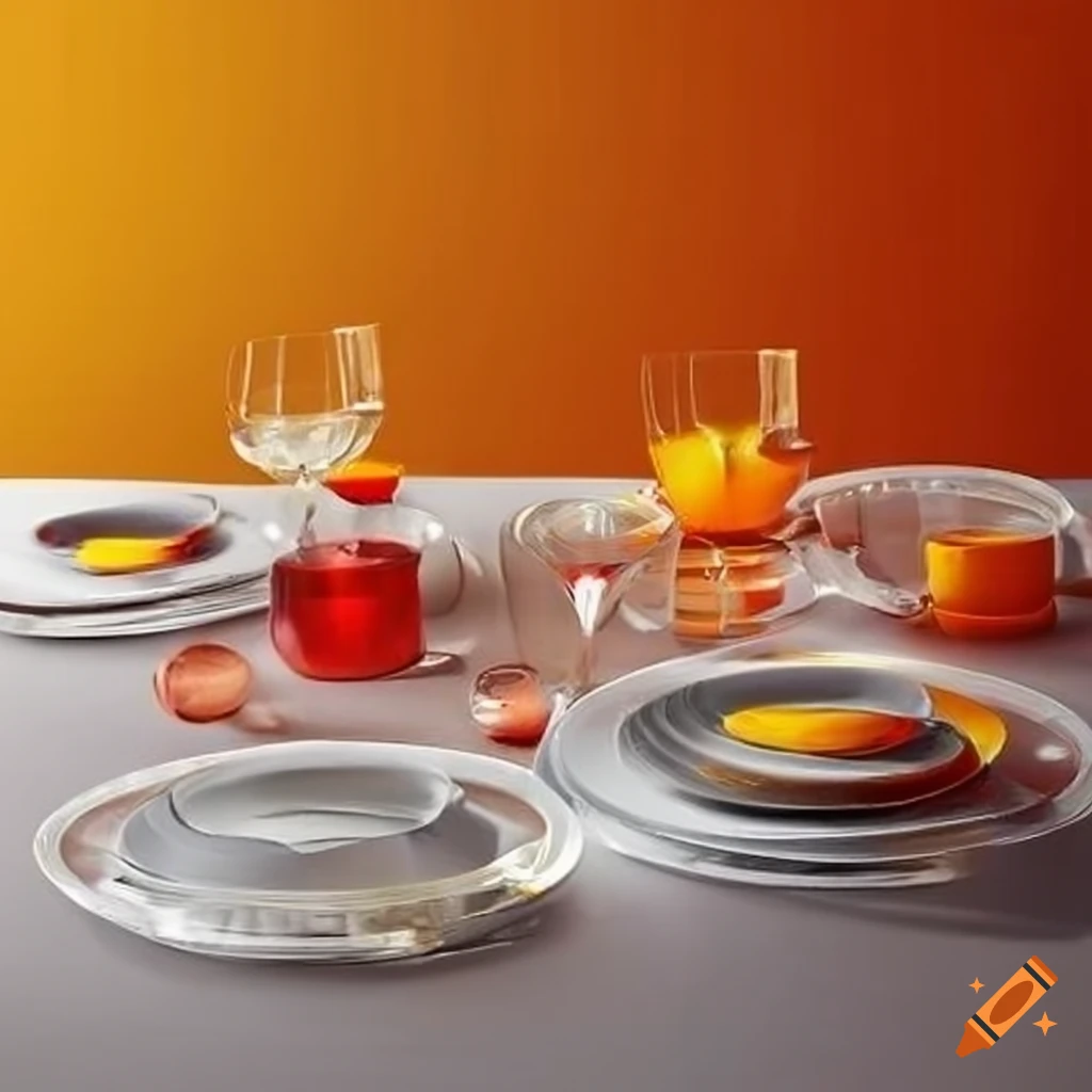 Table setting with lucite plates and bowls in red, orange, yellow, and ...