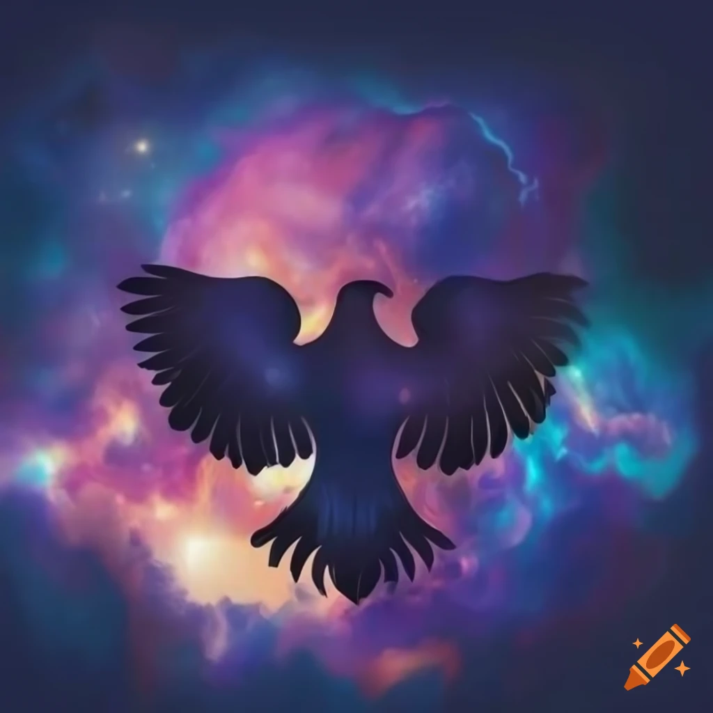 Raven crest symbol against cosmic storm cloud backdrop on Craiyon